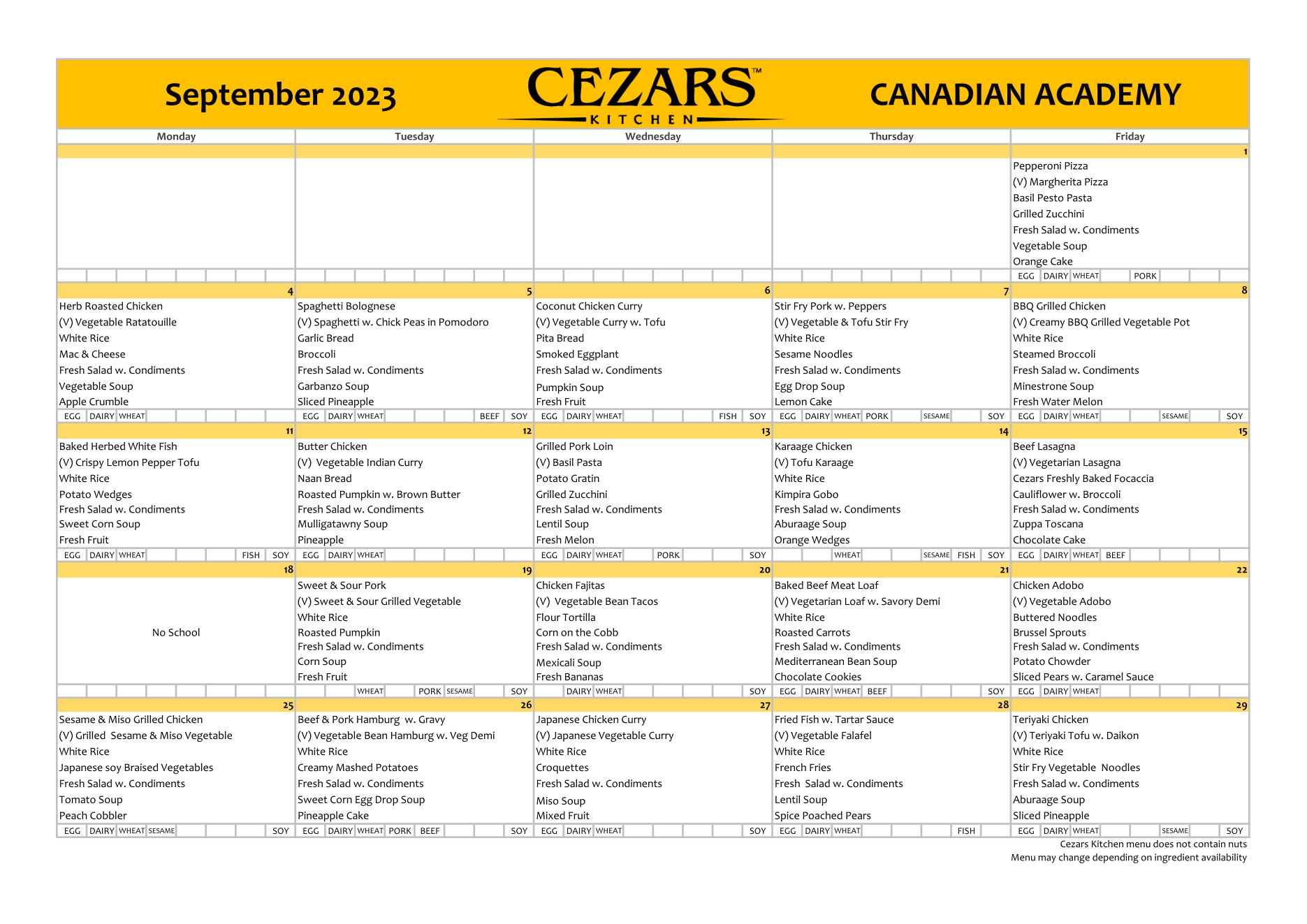 Canadian Academy Menu - Cezars Kitchen